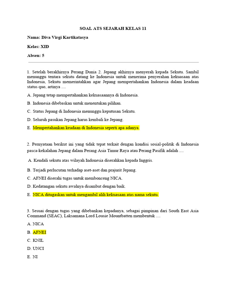 SOAL ATS SEJARAH KELAS 11-2 Semester 2 | PDF