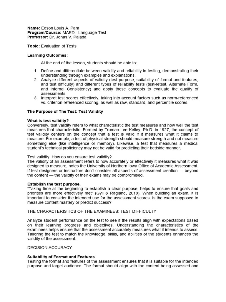 Evaluating Tests | PDF | Educational Assessment | Validity (Statistics)