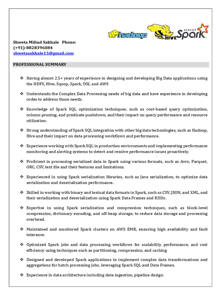 Shweta Sakhale 8828396084 | PDF | Apache Spark | Databases Shweta Sakhale 8828396084 | PDF | Apache Spark | Databases