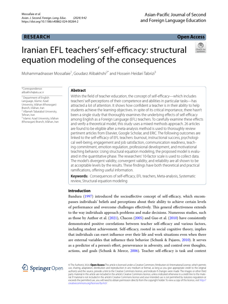 Mossafaie Alibakhshi & Heidari Tabrizi 2024 | PDF | Self Efficacy | Structural Equation Modeling