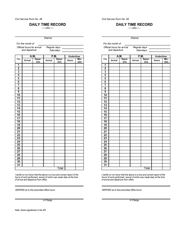 Civil Service Daily Time Record Form | PDF