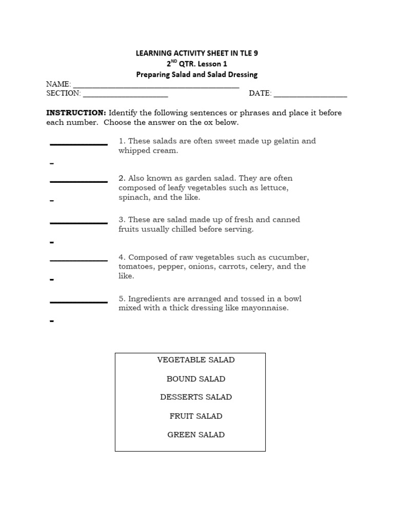 LEARNING ACTIVITY SHEET IN TLE 9 2nd QTR | PDF | Salad | Foods