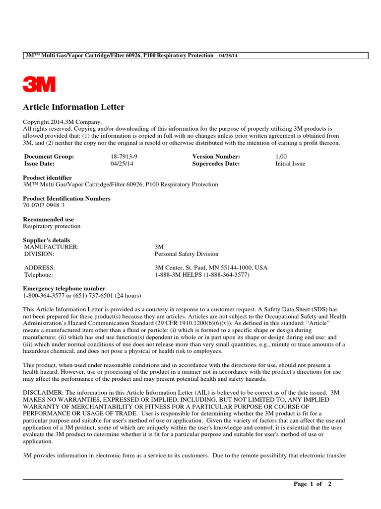 3m 60926 SDS Article Info Letter | PDF | Safety