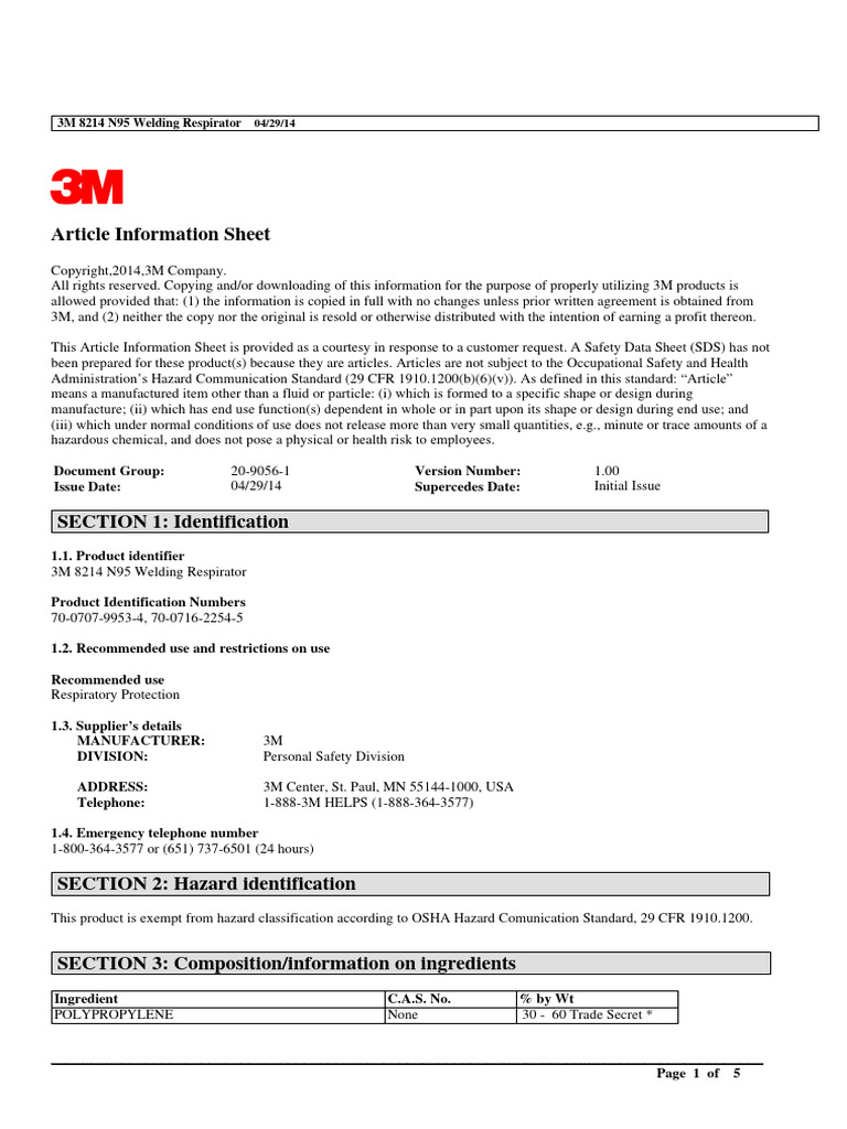 3m 8214 n95 SDS Article Information Sheet | Download Free PDF | Hazards ...