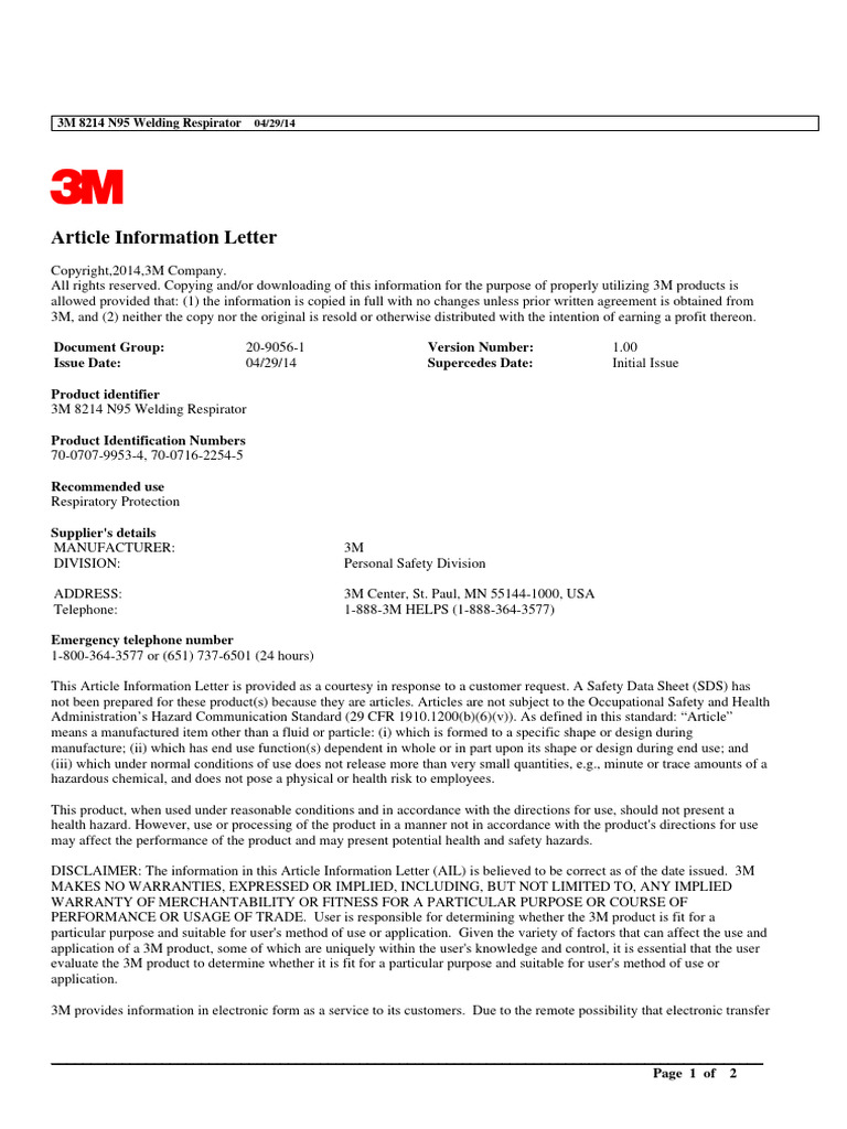 3m 8214 n95 SDS Article Information Letter | Download Free PDF | Safety
