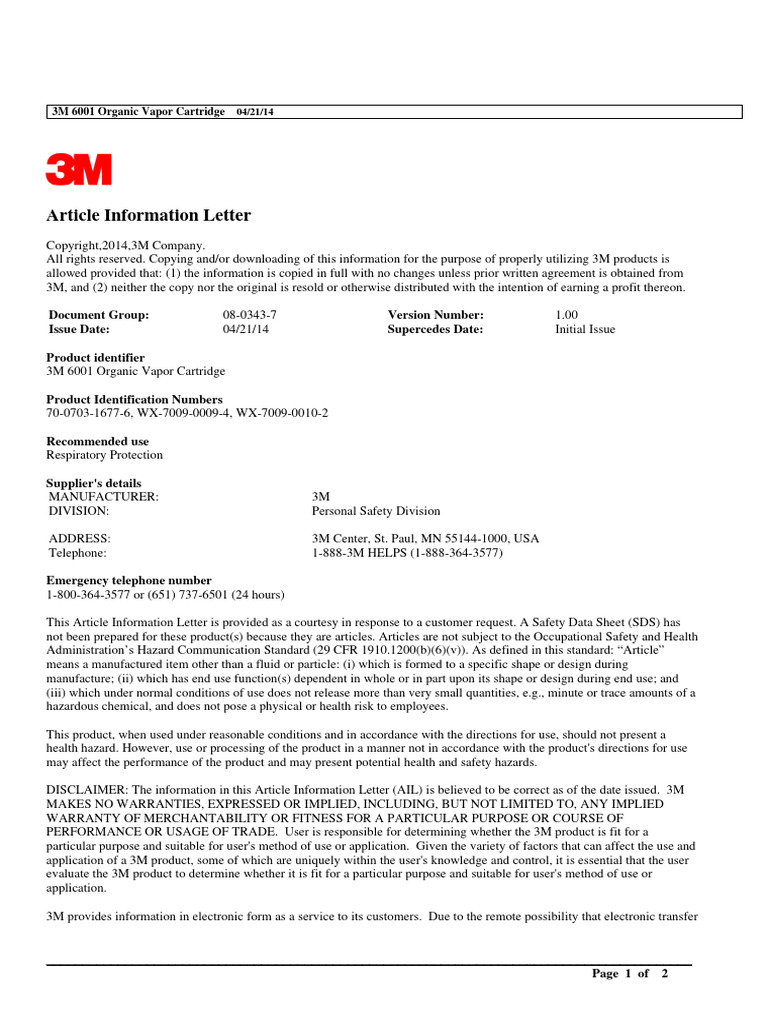 3m 6001 SDS Article Info Letter | PDF