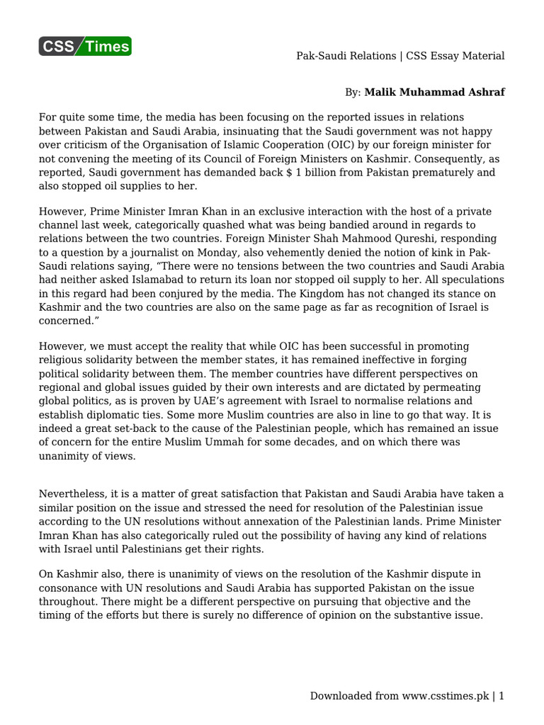 Pak-Saudi Relations - CSS Essay Material | PDF | Pakistan | Saudi Arabia