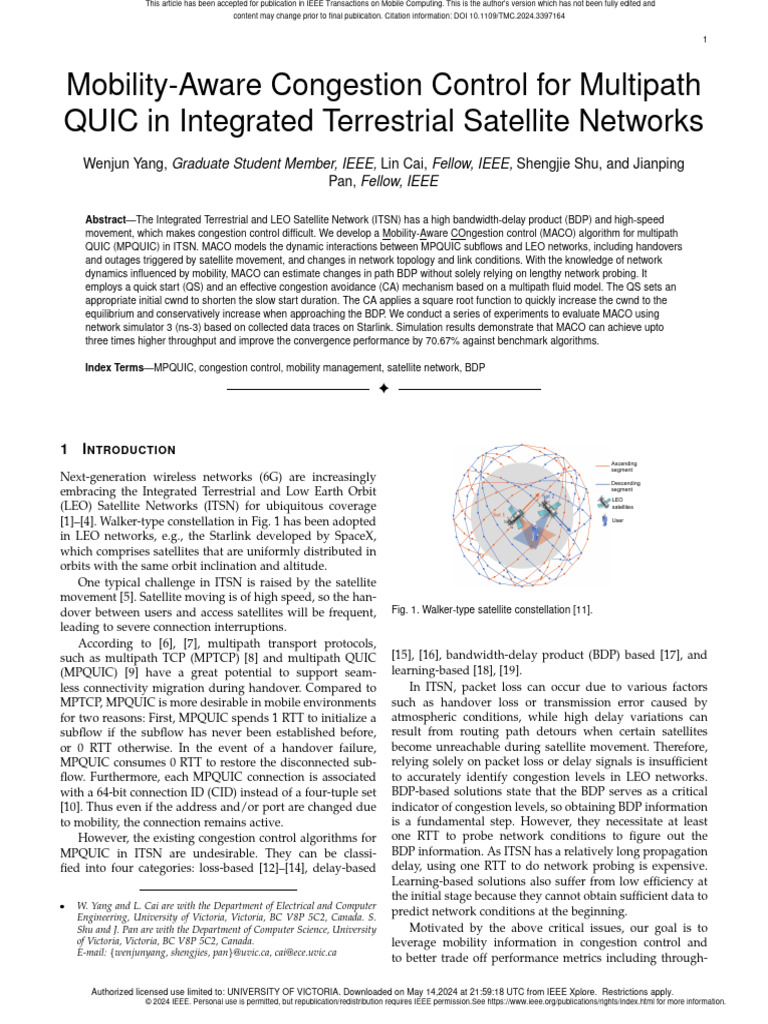 Lin Cai, Mobility-Aaware Congestion Control For Multipath QUIC in Integrated Terrestrial ...