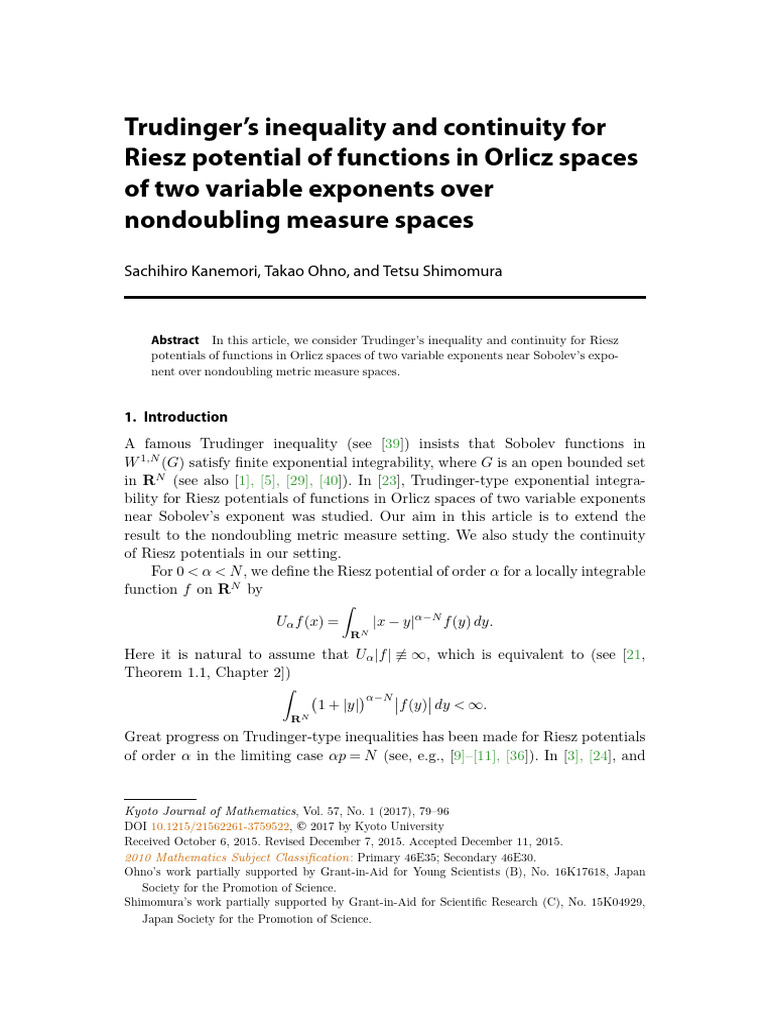 Trudinger's Inequality and Continuity For Riesz Potential of Functions in Orlicz Spaces of Two ...