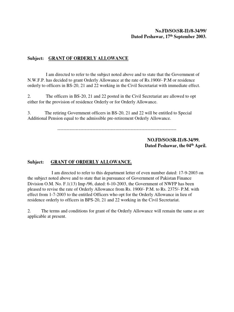 Grant of Orderly Allowance | PDF