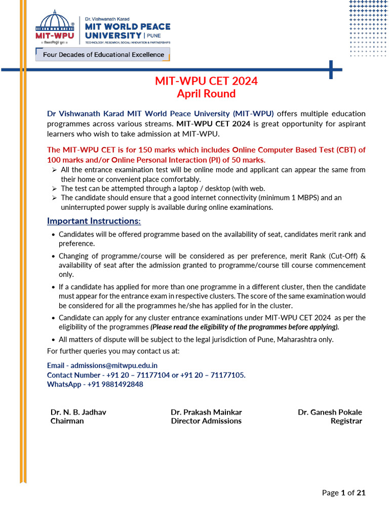 MIT WPU CET April Schedule 2024 | PDF | University And College ...