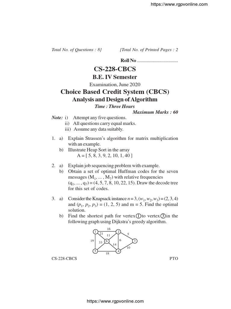Cs 4 Sem 228 Analysis and Design of Algorithm Jun 2020 | PDF | Dynamic Programming ...