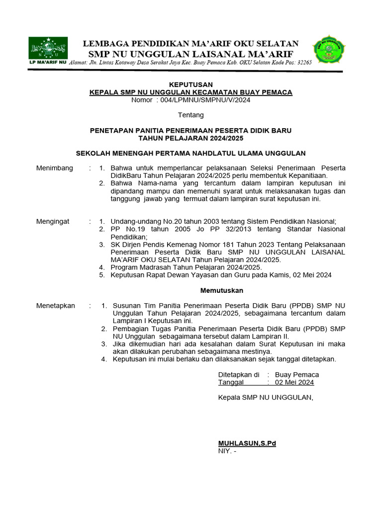 SK Panitia PPDB SMP NU UNGGULAN | PDF