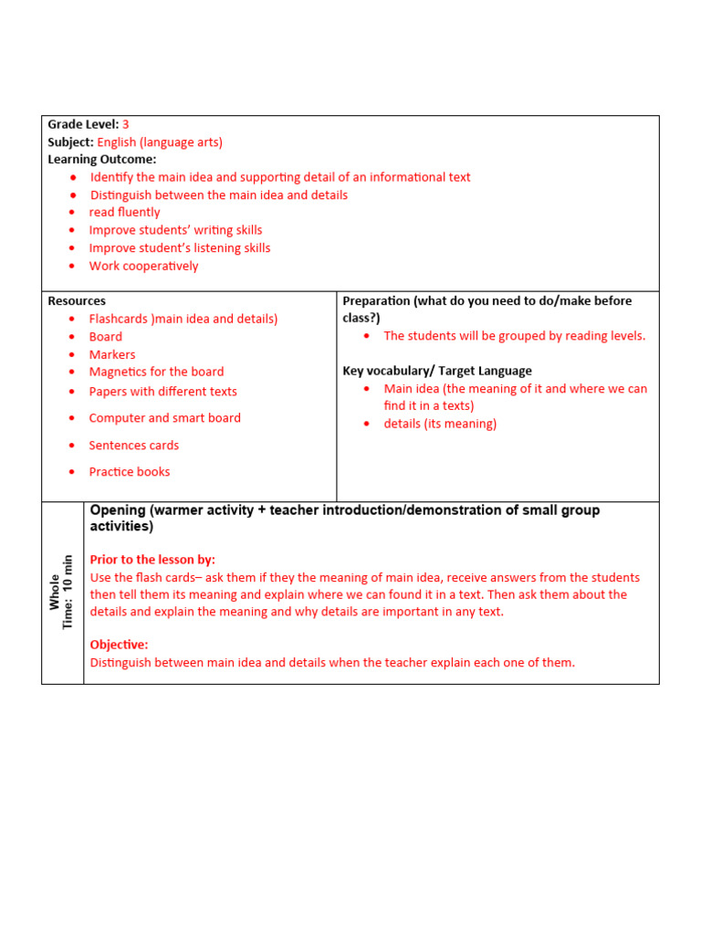3rd Lesson Plan Main Idea and Details | PDF | Flashcard | Teachers