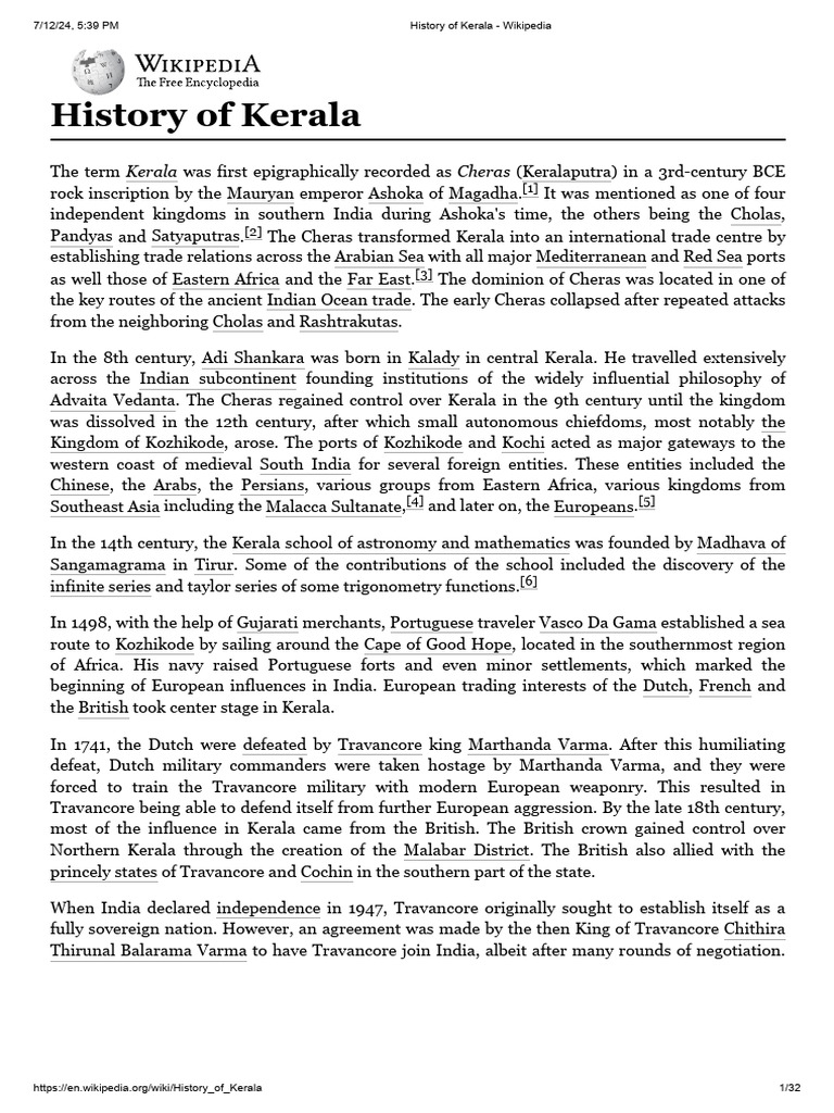History of Kerala - Wikipedia | PDF | Kerala
