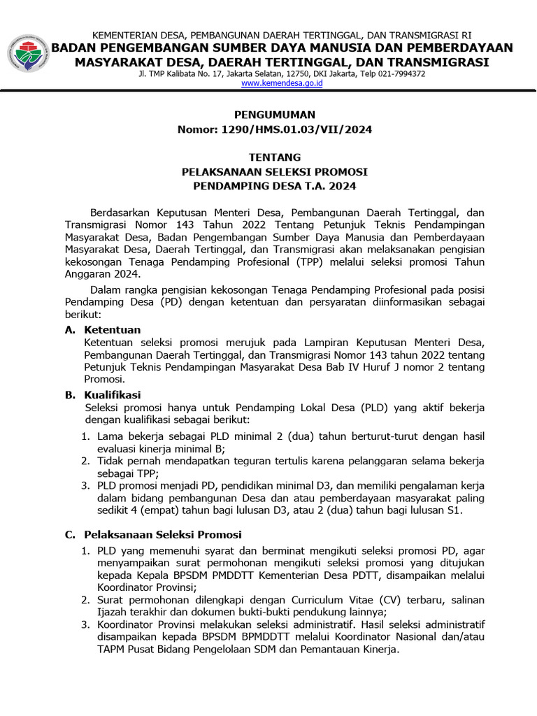 Pengumuman Promosi TPP 2024 - PD | PDF