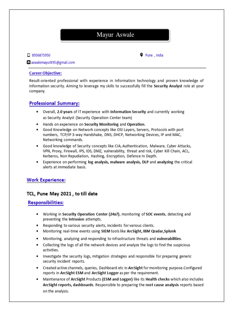 Resume Mayur SOC | PDF | Security | Computer Security