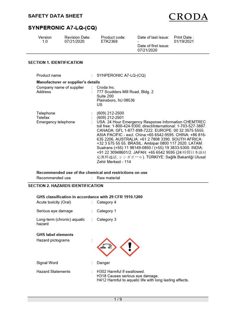 Etk2369 Synperonic A7-Lq - (CQ) Usensds | PDF | Personal Protective ...