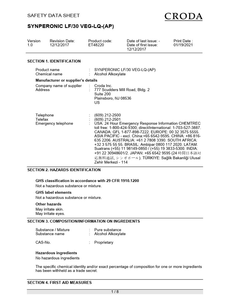 Synperonic LF/30 Safety Data Sheet | PDF | Personal Protective ...