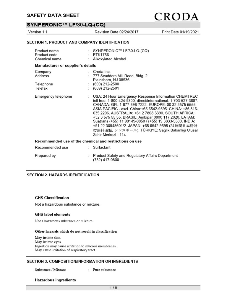 Etk1756 Synperonic LF 30-Lq - (CQ) Usensds | PDF | Toxicity | Personal ...