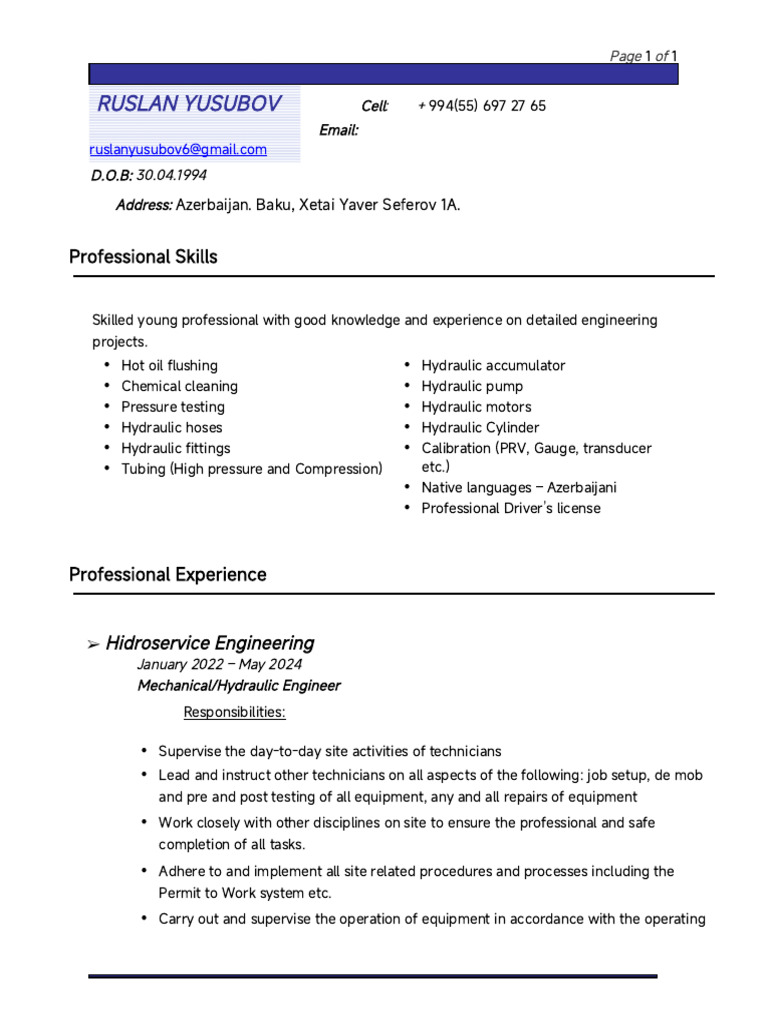 Ruslan Yusubov CV2 | PDF | Engineering | Mechanical Engineering