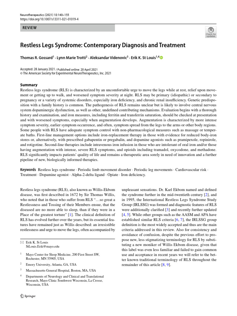 Restless Legs Syndrome Contemporary Diagnosis and | PDF | Dopamine ...