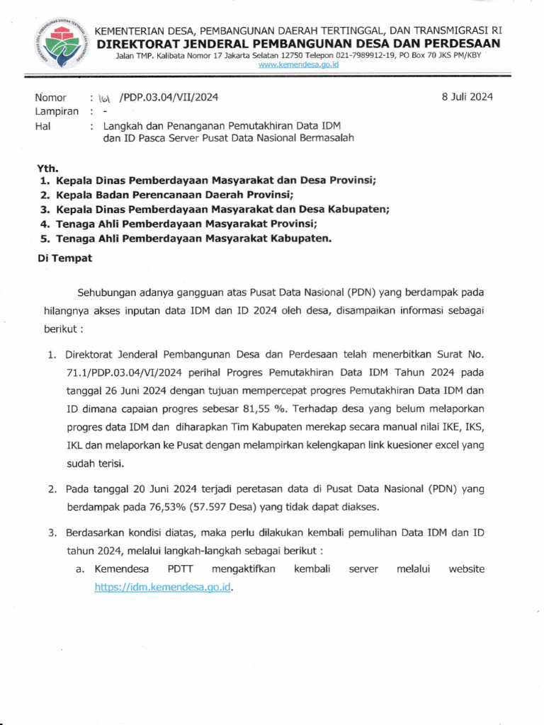 161 - SE Penanganan Dan Perkembangan Progres Pemutahiran Data IDM Dan ID | PDF | Ilmu Sosial ...