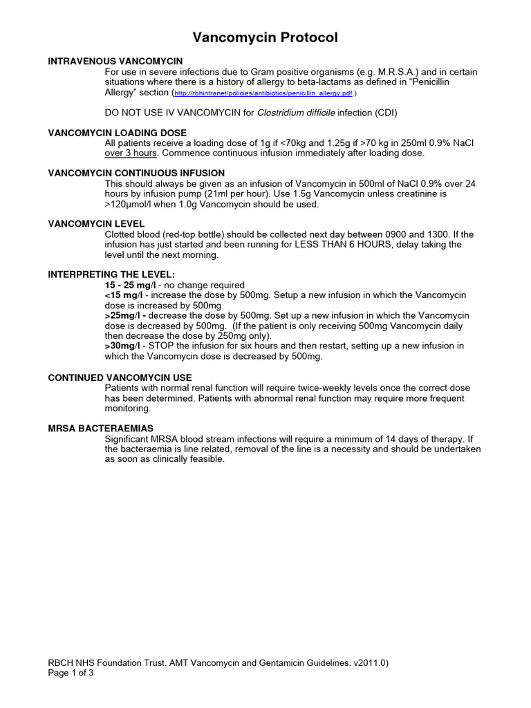 Vancomycin and Gentamicin Guidelines | PDF | Intravenous Therapy ...