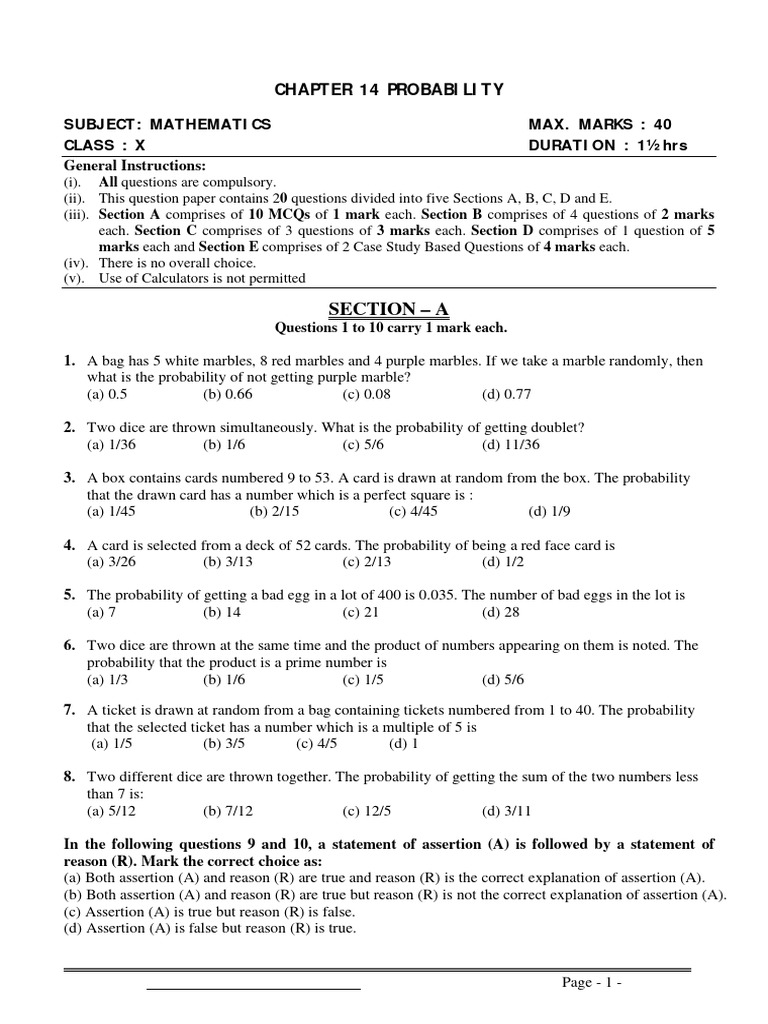 Class X Probability Exam Paper | PDF | Probability | Probability Theory