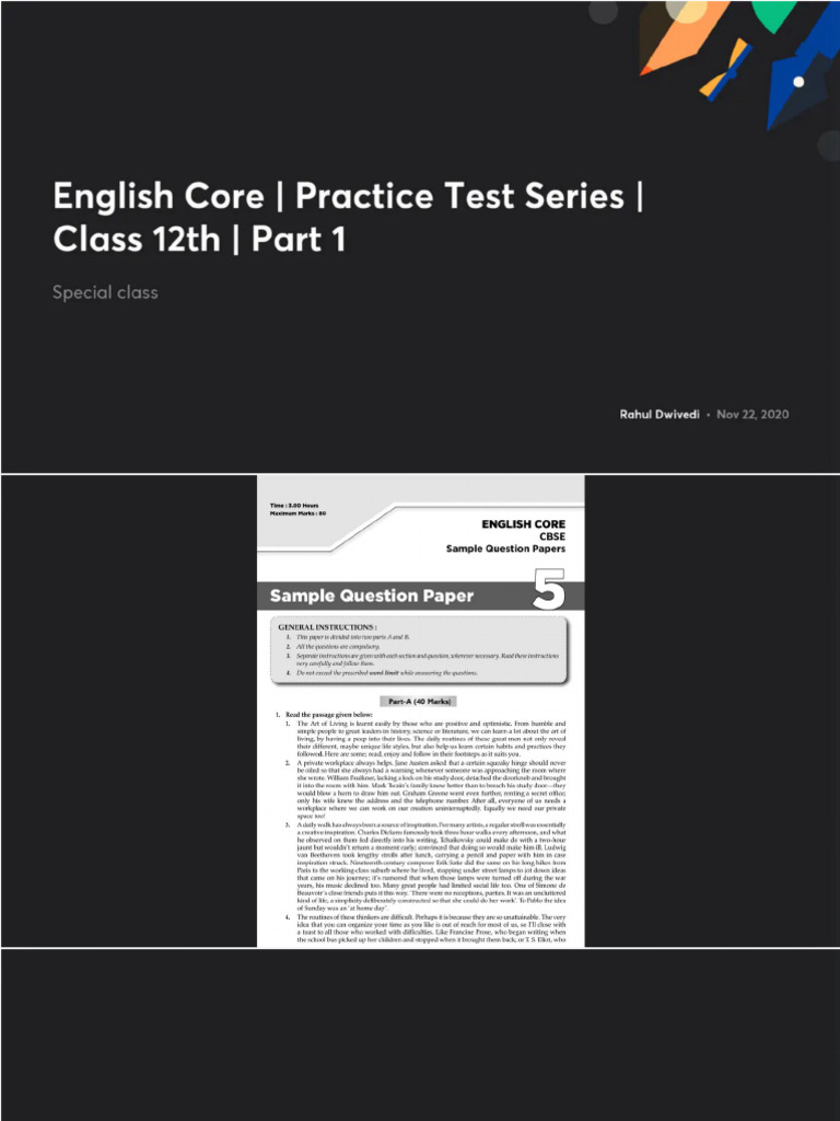 English Core Practice Test Series Class 12th Part 1 With Anno | PDF