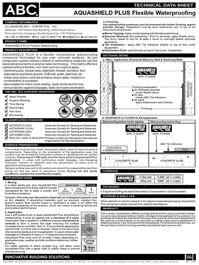 AQUASHIELD PLUS Flexible Waterproofing Technical Data Sheet 2020 | PDF | Concrete | Paint