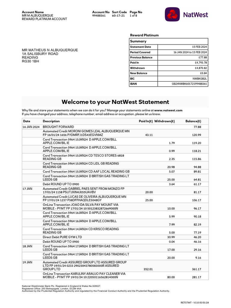 Statement 601721 99488361 15 Feb 2024 | PDF | Overdraft | Financial Services