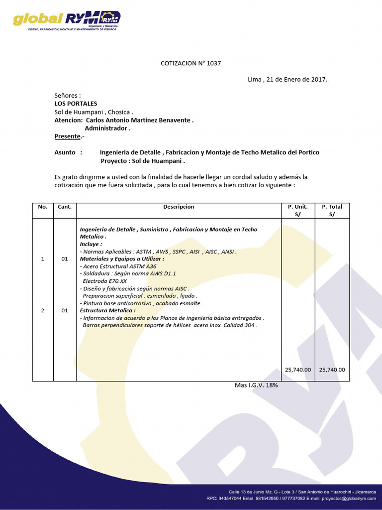 Presupuesto 1037_Suministro %2c Fabricacion y Montaje de Techo Metalico ...