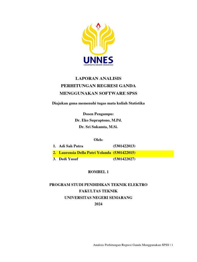 Laurensia Della Putri Yolanda - Perhitungan Regresi Ganda Menggunakan SPSS - Kel.8 - Rombel 1 | PDF
