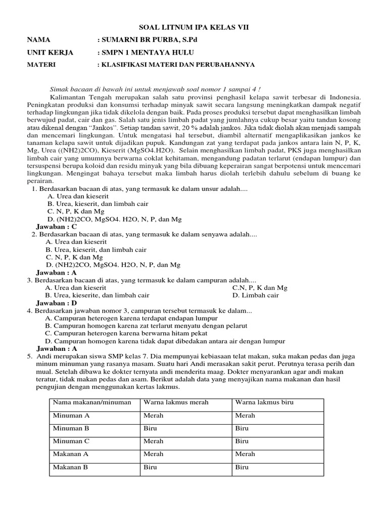 Soal Litnum IPA Kelas VII: Materi dan Limbah | PDF | Sains & Matematika