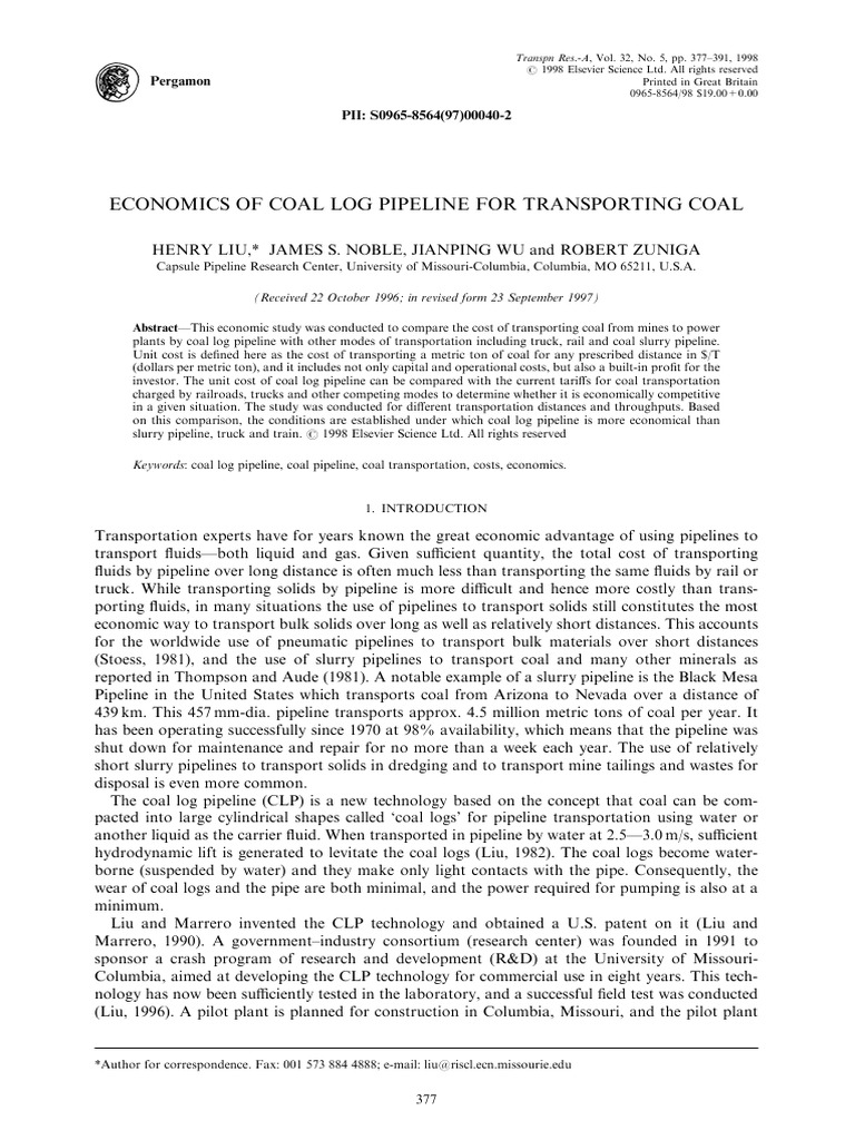 RP - 1996 - Economic of Coal Log Pipeline For Transporting Coal | PDF ...