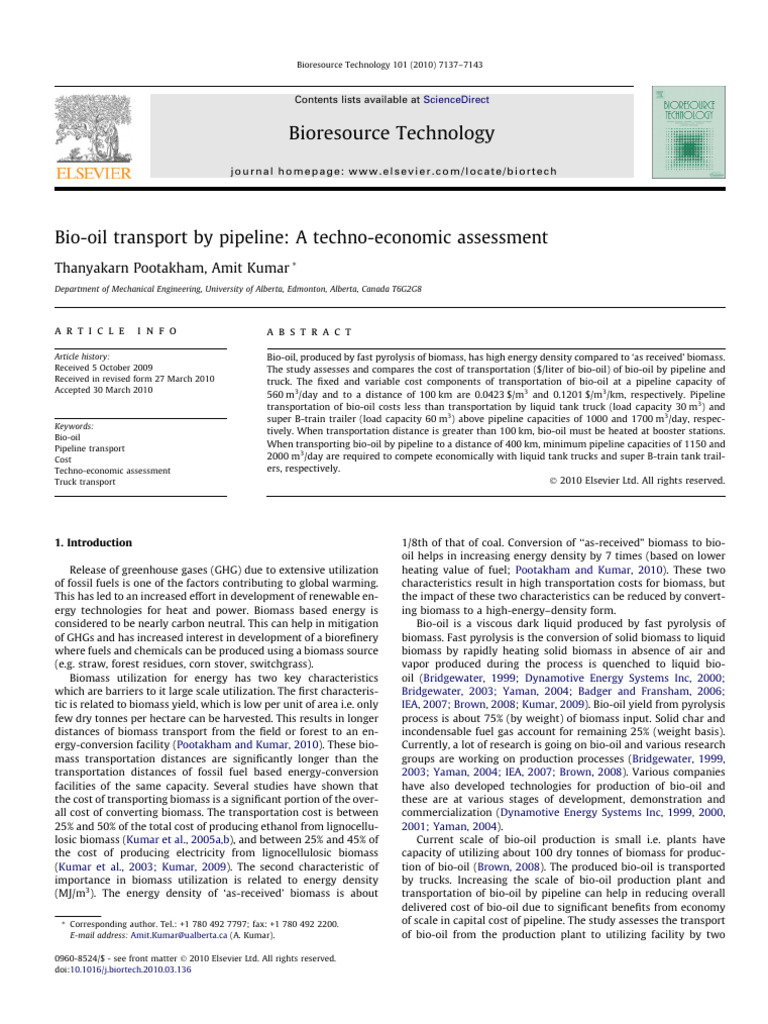 RP - Bio-Oil Transport by Pipeline A Techno-Economic Assessment | PDF ...