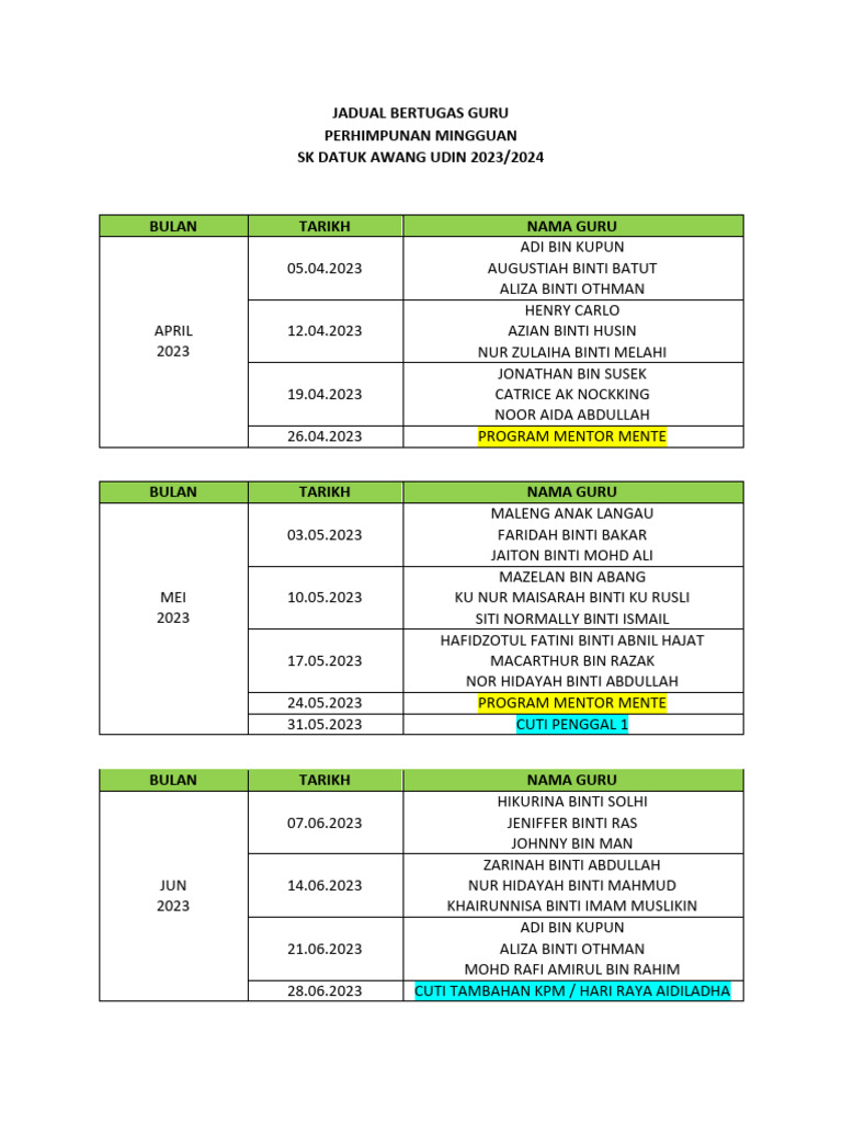 Jadual Bertugas Perhimpunan (Guru) | PDF