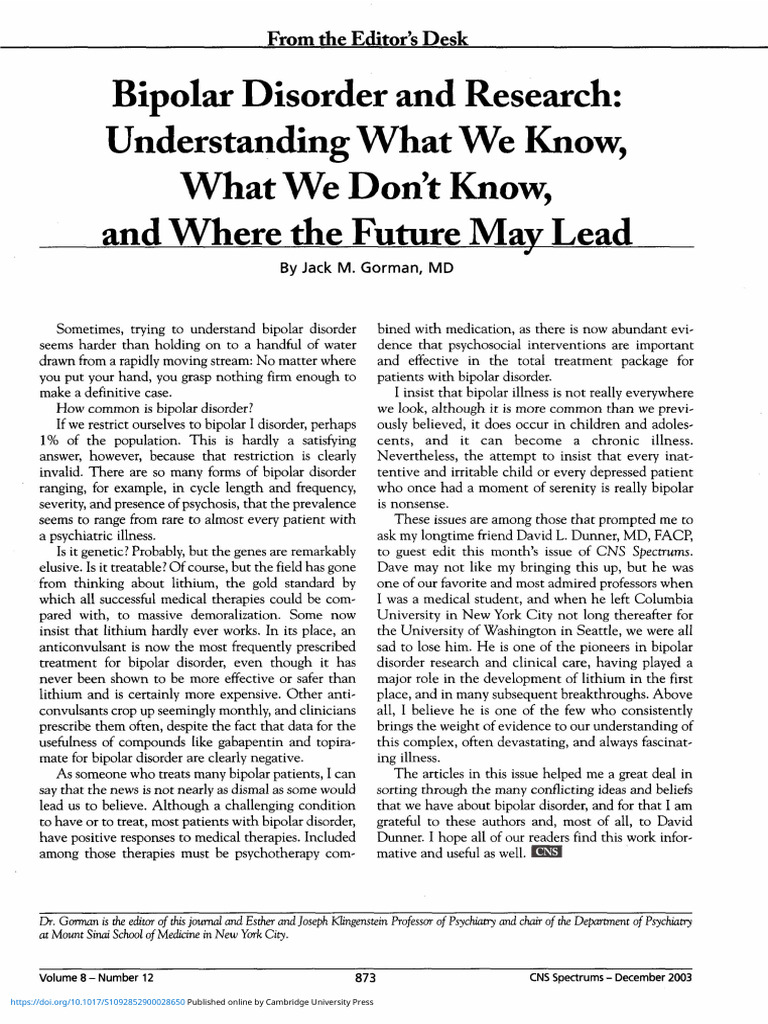 Bipolar Disorder and Research Understanding What We Know What We Dont Know and Where The Future ...