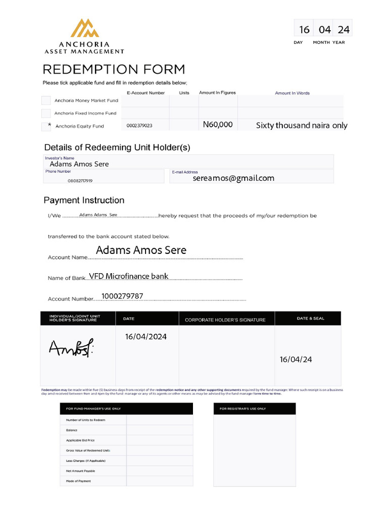 Redemption FORM | PDF