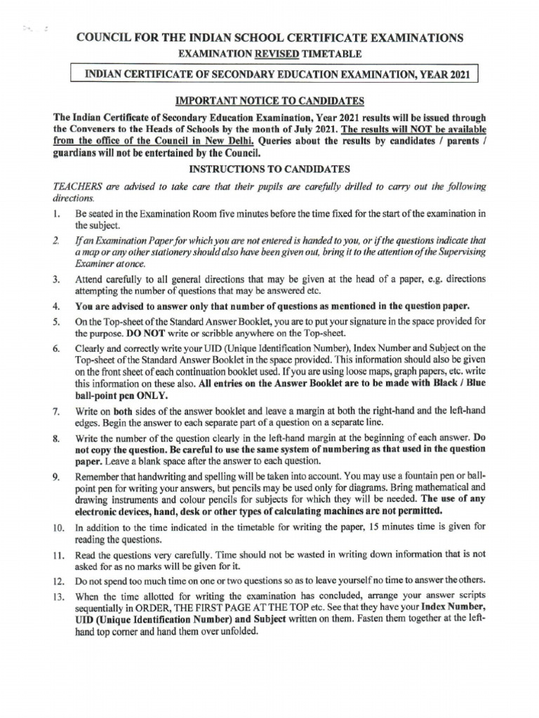 Icse Year 2021 Revised Timetable and Instructons To Candidates | PDF