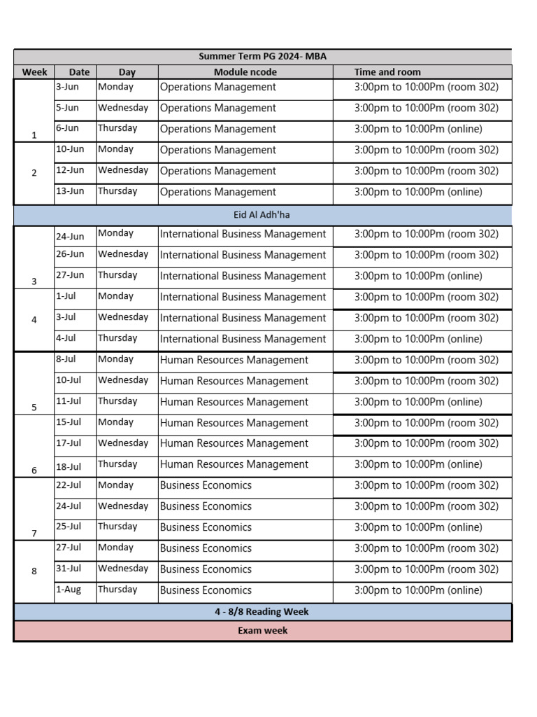 Summer Term MBA Timetable 23-24 | PDF