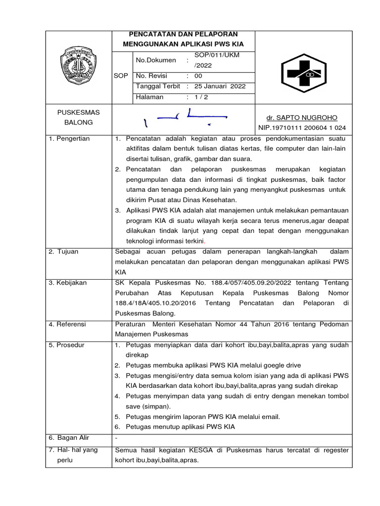 Sop Pencatatan Dan Pelaporan Aplikasi PWS Kia 2023 | PDF