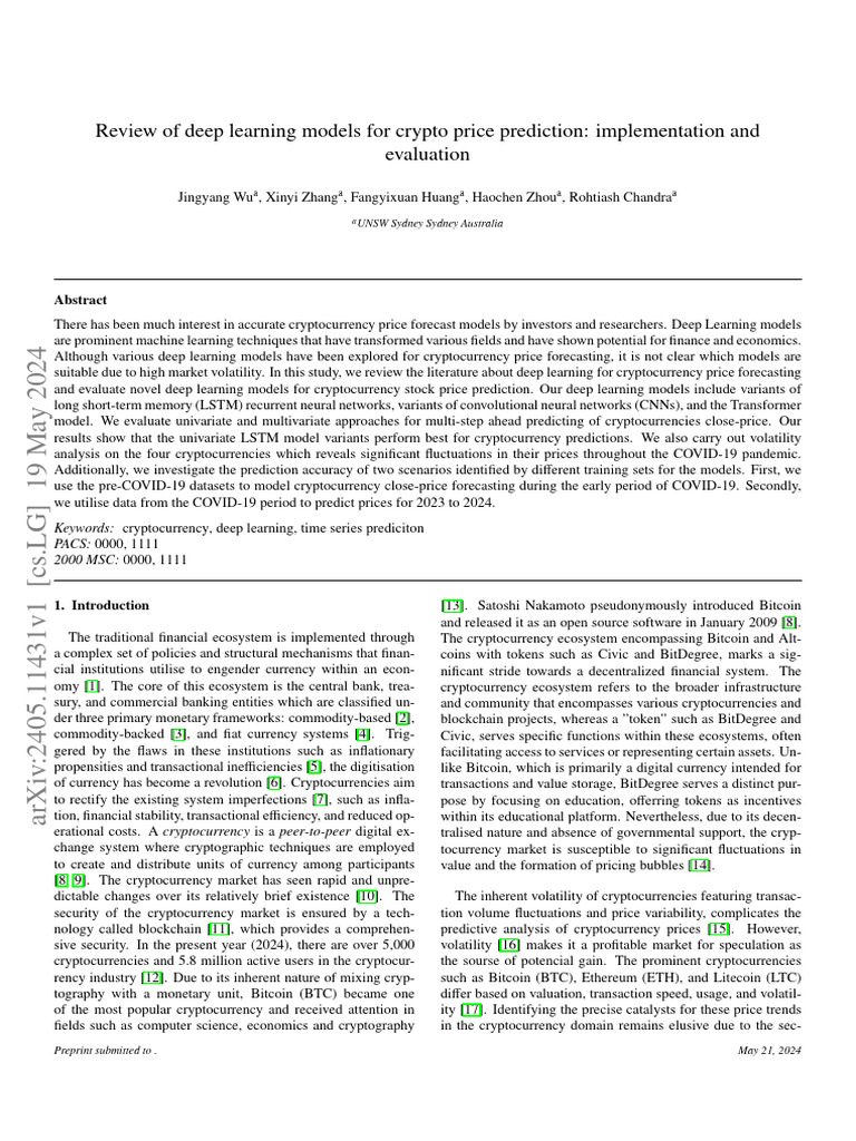 Review of Deep Learning Models For Crypto Prices Prediction | PDF | Deep Learning | Forecasting