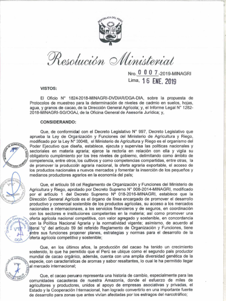 Protocolo de Muestreo CD Suelos Hojas y Granos de Caco 007-2019-Midagri | PDF