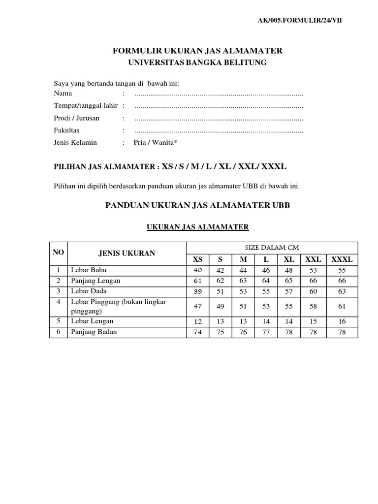 Formulir Ukuran Jas Almamater | PDF