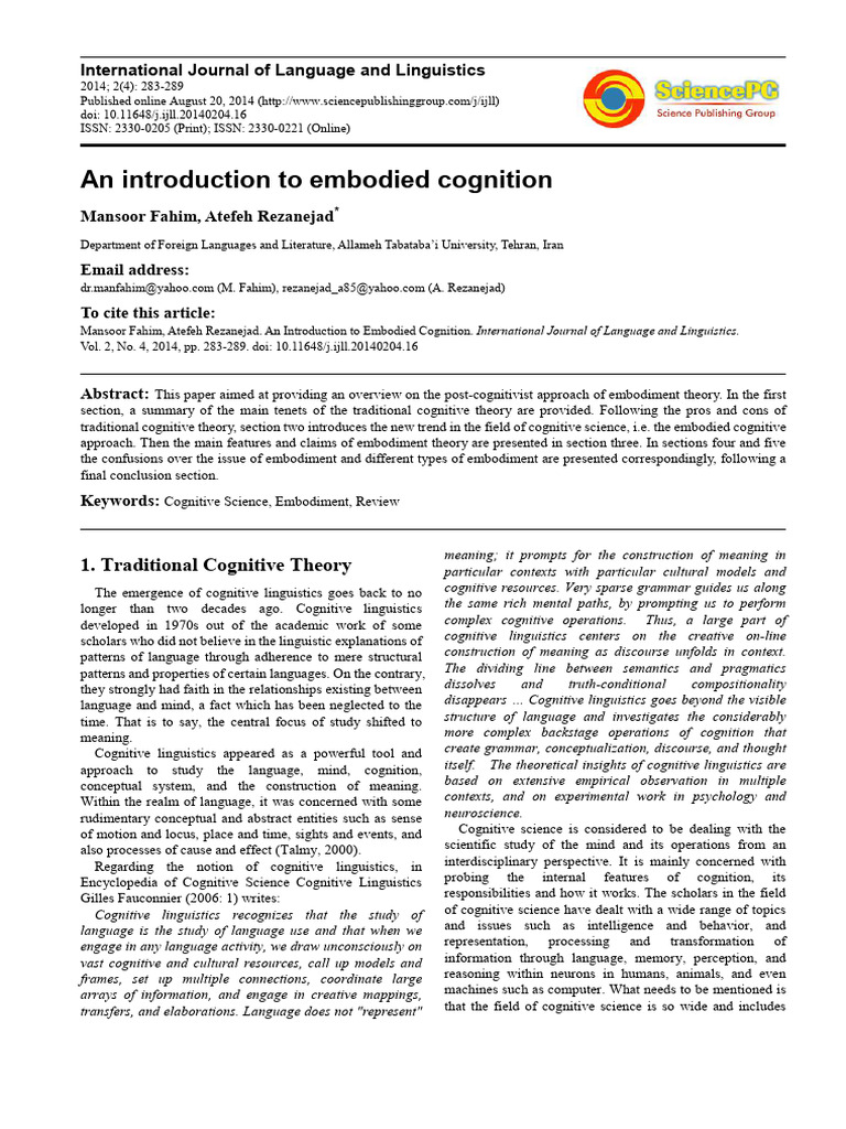 An Introduction To Embodied Cognition | PDF | Embodied Cognition | Cognition