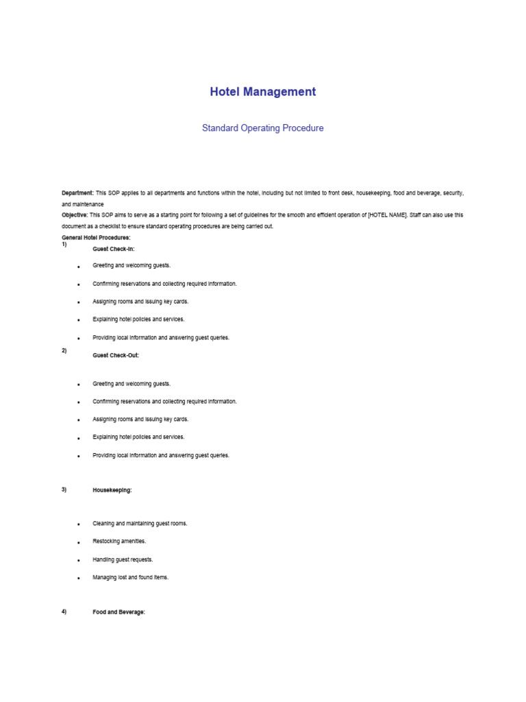 Hotel Standard Operating Procedure D13703 | PDF | Safety