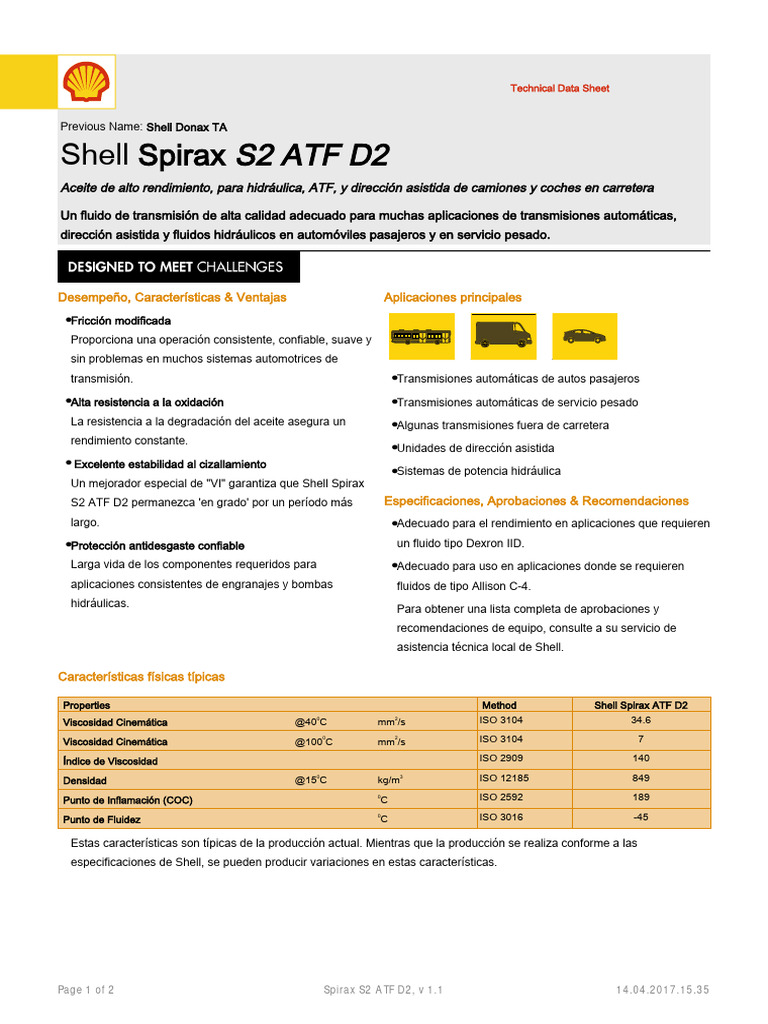 Spirax s2 Atf d2 | PDF | Transmisión automática | Ingeniería mecánica