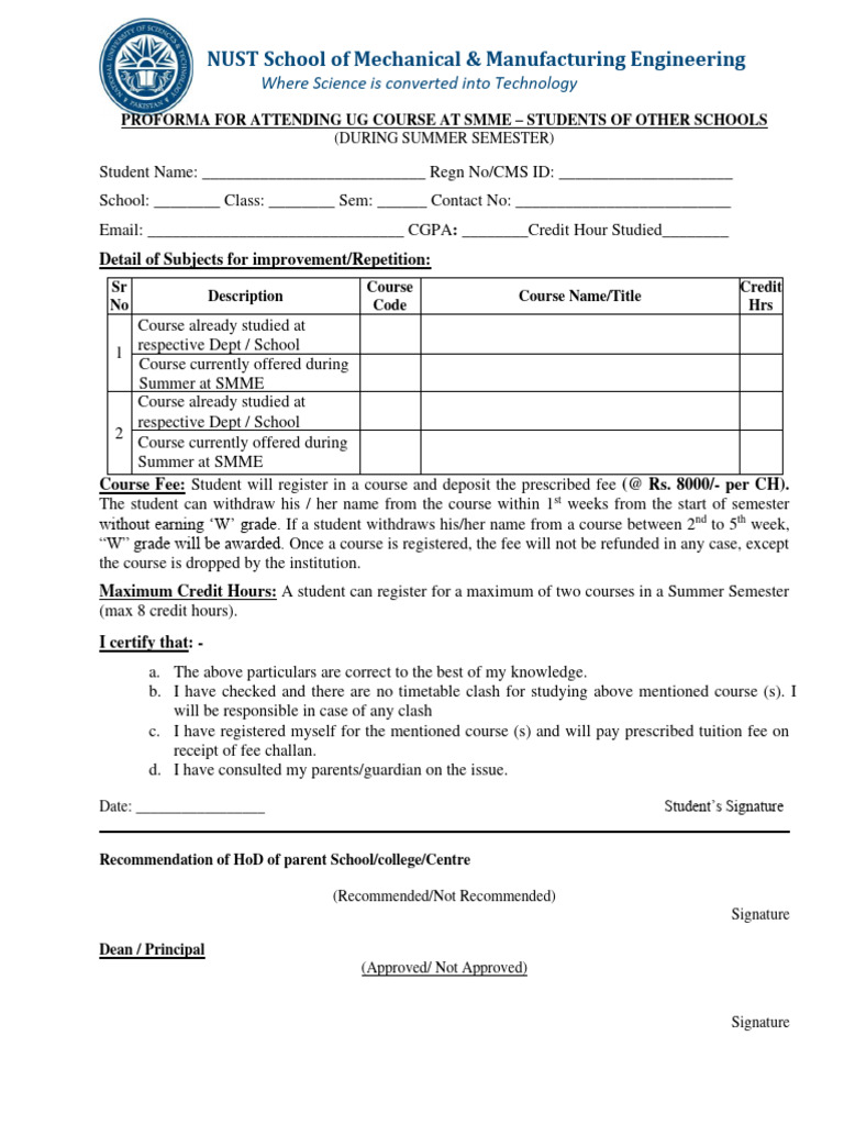 Proforma For Attending Course at Smme Ug For Students of Other Schools ...